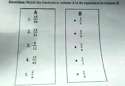 SOLVED: Direction: Match the fractions column to its equivalent column B. 4/4 1/4 8/4