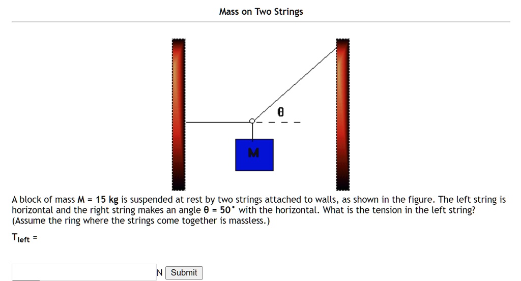 SOLVED: Mass on Two Strings A block of mass M = 15 kg is suspended at rest by two strings ...