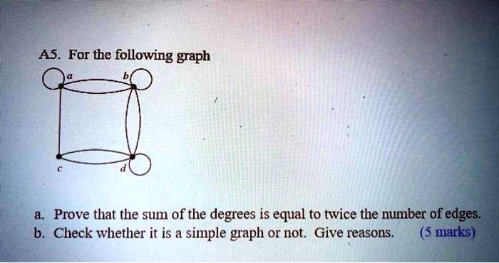 SOLVED: As: For the following graph Prove that the SUm of the degrees is equal to twice the ...