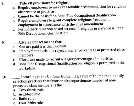 8. Title VII provisions for religion: a. Require employers to make ...