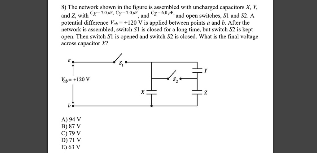 SOLVED: 8) The network shown in the figure is assembled with uncharged capacitors X, Y, and Z ...