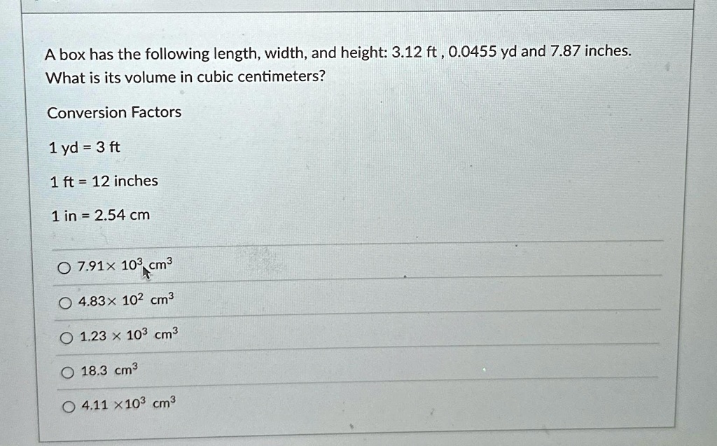 SOLVED: A box has the following length, width, and height: 3.12ft,0 ...