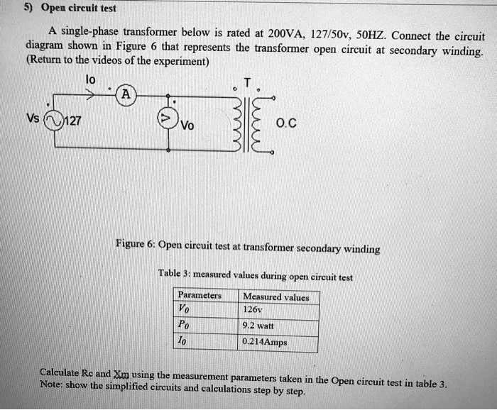 5) Open circuit test A single-phase transformer below is rated at 200VA ...