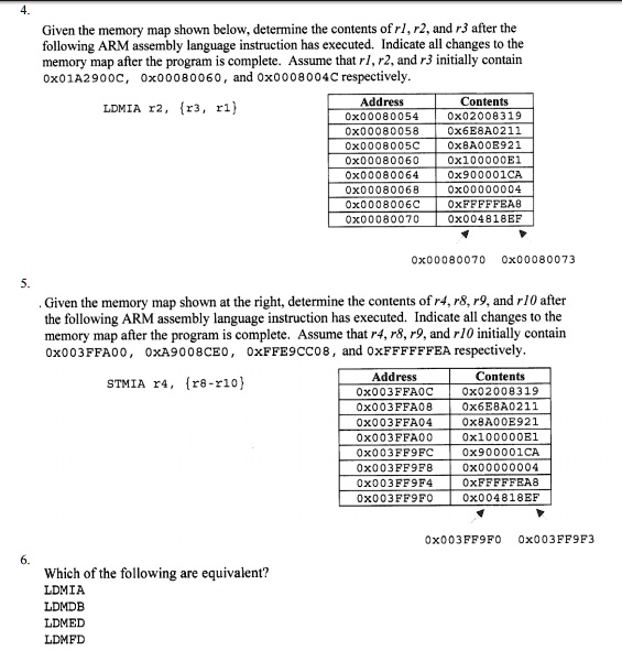 given the memory map shown below determine the contents of r r2 and r3 after the following arm ...