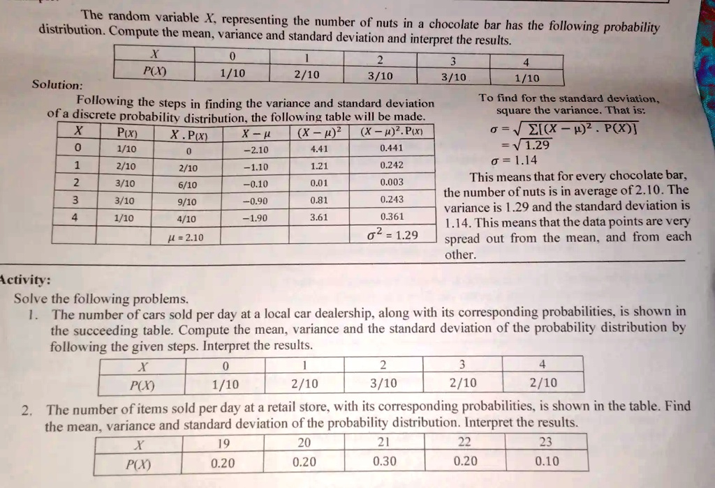 SOLVED: The random variable representing the number of nuts in a chocolate bar has the following ...