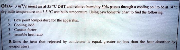 SOLVED: Q1/A-3 m3/s of moist air at 35Â°C DBT and relative humidity 50% passes through a cooling ...