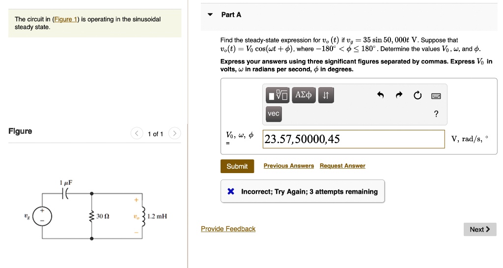 SOLVED: The circuit in Figure 1 is operating in the sinusoidal steady state. Part A: Find the ...