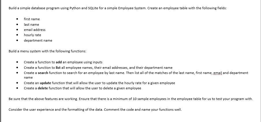 Solved I Need Assistance In Creating An Employee Database Program Using Python 3 And Sqlite 7275