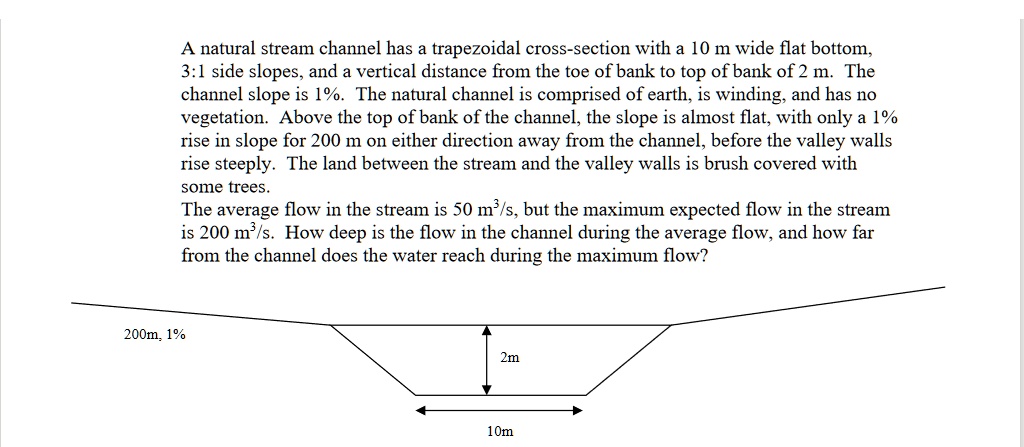 A natural stream channel has a trapezoidal cross-section with a 10 m ...