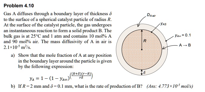 Problem 4.10 Gas A diffuses through a boundary layer of thickness δ to the surface of a ...