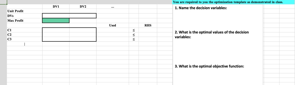 [GET ANSWER] DV1 DV2 Unit Profit DVs Max Profit C1 C2 C3 Used VI VI VI ...