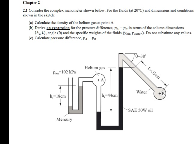 SOLVED: Problem statement Chapter 2.1 Consider the complex manometer shown below. For the fluids ...