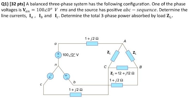 Q1) [32 pts] A balanced three-phase system has the following configuration. One of the phase ...