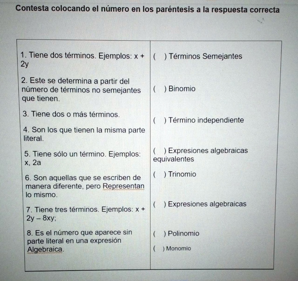 SOLVED: AYUDA PORFISS................. Contesta colocando el número en ... SOLVED: AYUDA PORFISS................. Contesta colocando el número en ...