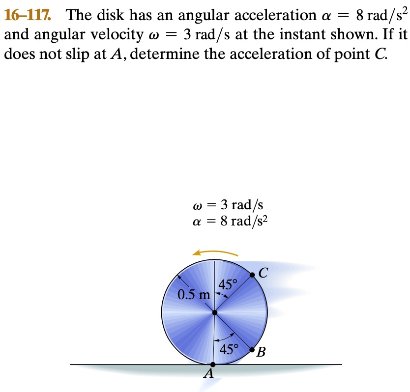 VIDEO solution: 16-117. The disk has an angular acceleration a = 8 rad/s2 and angular velocity w ...
