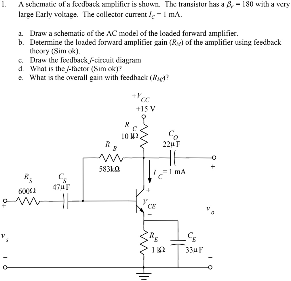 A schematic of a feedback amplifier is shown. The transistor has a Î² ...