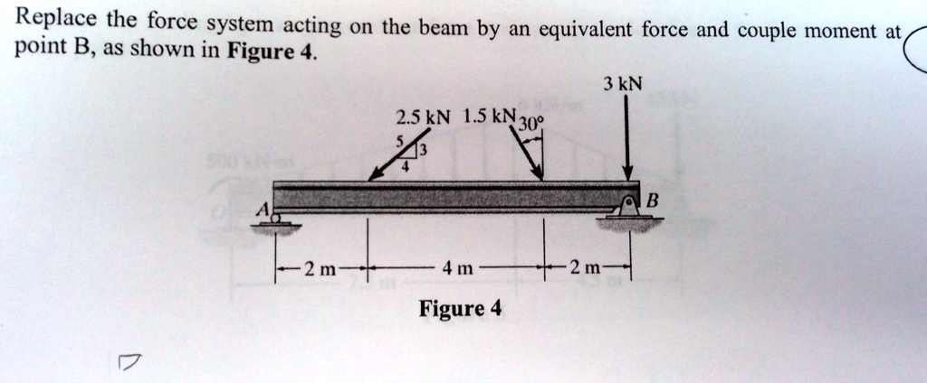 Replace the force system acting on the beam by an equivalent force and couple moment at point B ...