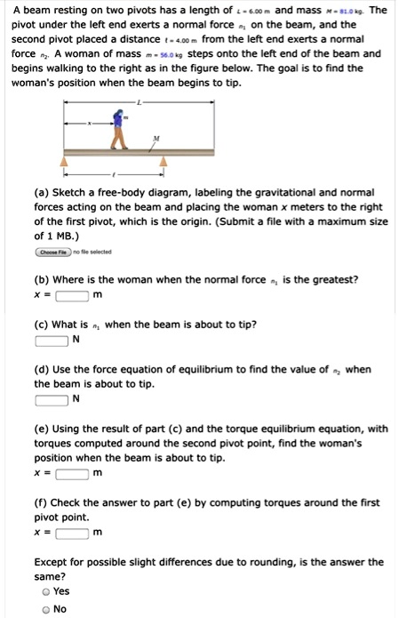 A beam resting on two pivots has a length of L = 6.00 m and mass M = 81.0 kg. The pivot under ...
