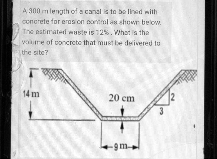 SOLVED: A 300 m length of a canal is to be lined with concrete for ...