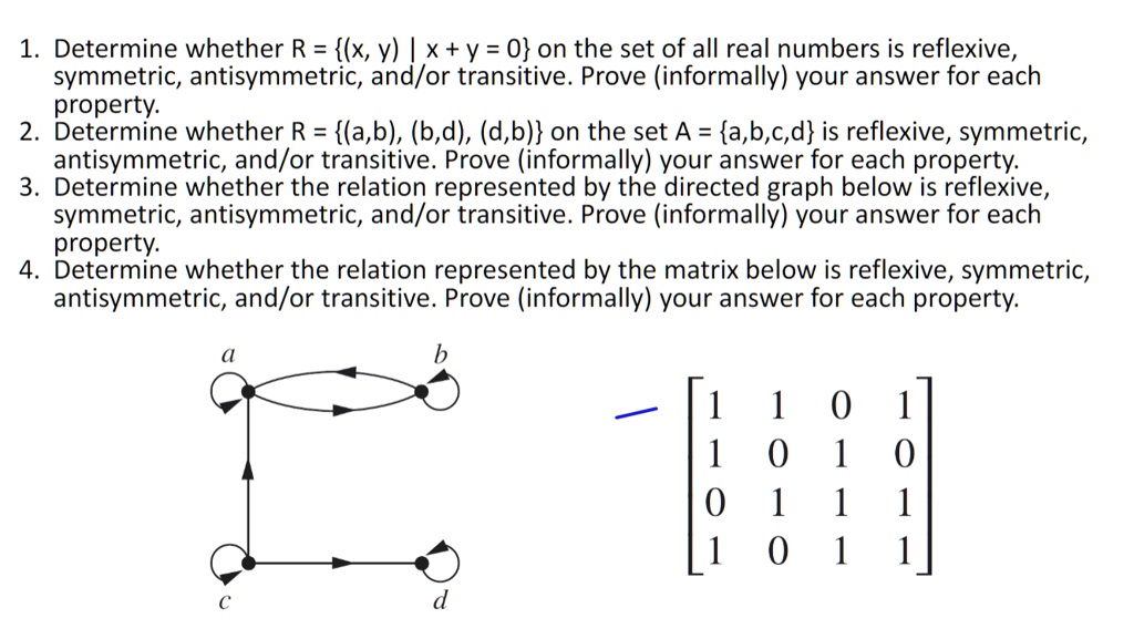 SOLVED: 1. Determine whether R = (x, y) I x + y = 0 on the set of all real numbers is reflexive ...
