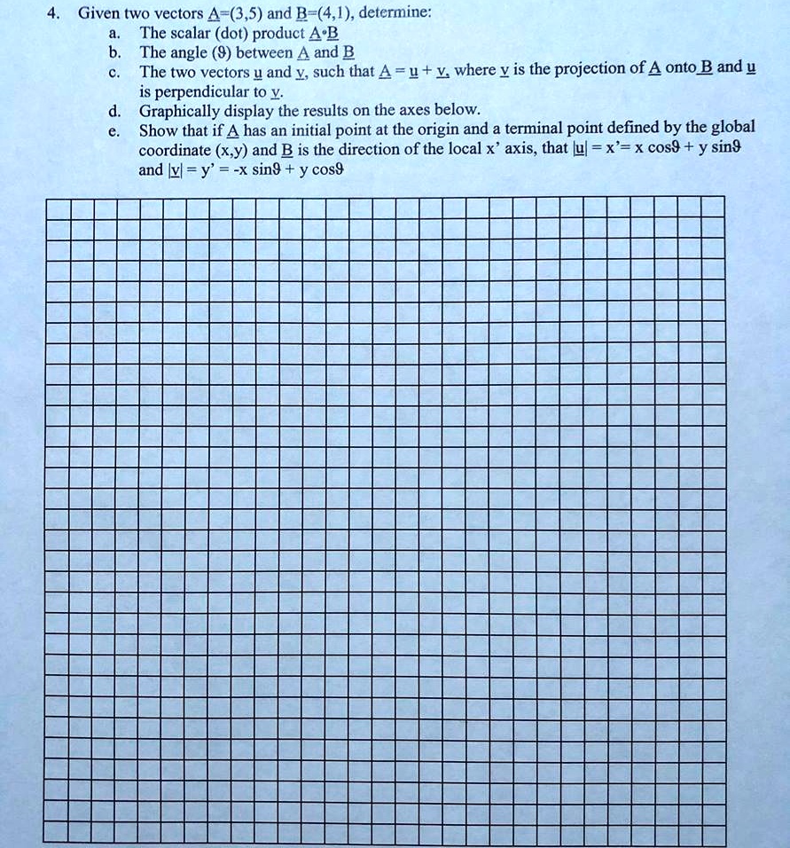 SOLVED: Given twO vectors 4-(3,5) and B-(4,1) , determine: The scalar (dot) product A-B The ...