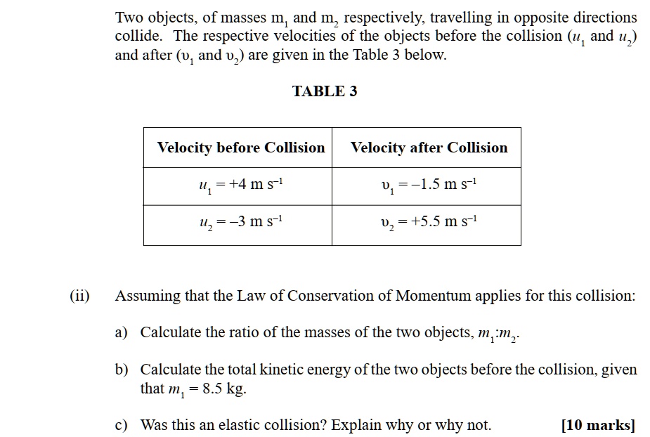 Two objects, of masses m; and m, respectively, travelling in opposite directions collide. The ...