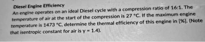 SOLVED: Diesel Engine Efficiency An engine operates on an ideal Diesel ...