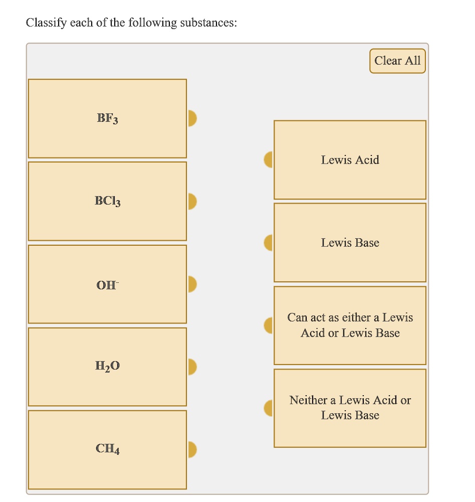SOLVED: Classify each of the following substances: BF3 Lewis Acid BCl2 ...