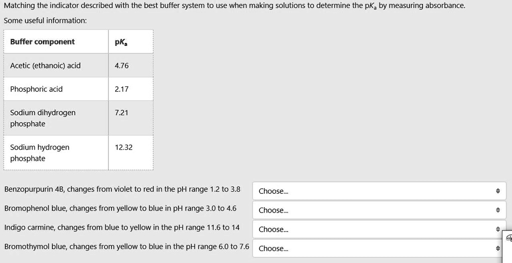 SOLVED: Matching the indicator described with the best buffer system to use when making ...