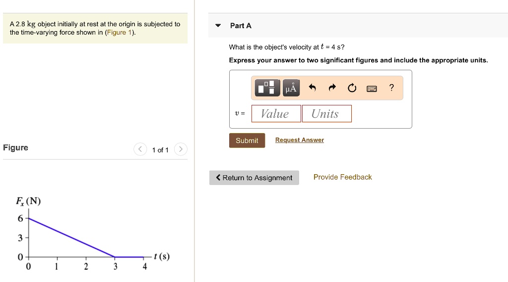 A 2.8 kg object initially at rest at the origin is subjected to the time-varying force shown in ...