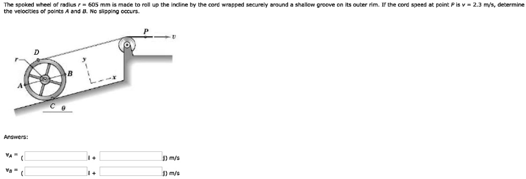 The spoked wheel of radius r = 605 mm is made to roll up the incline by ...
