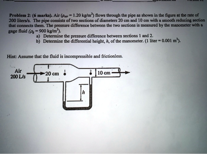 Problem 2: (6 marks). Air (ρair = 1.20 kg/m³) flows through the pipe as shown in the figure at ...