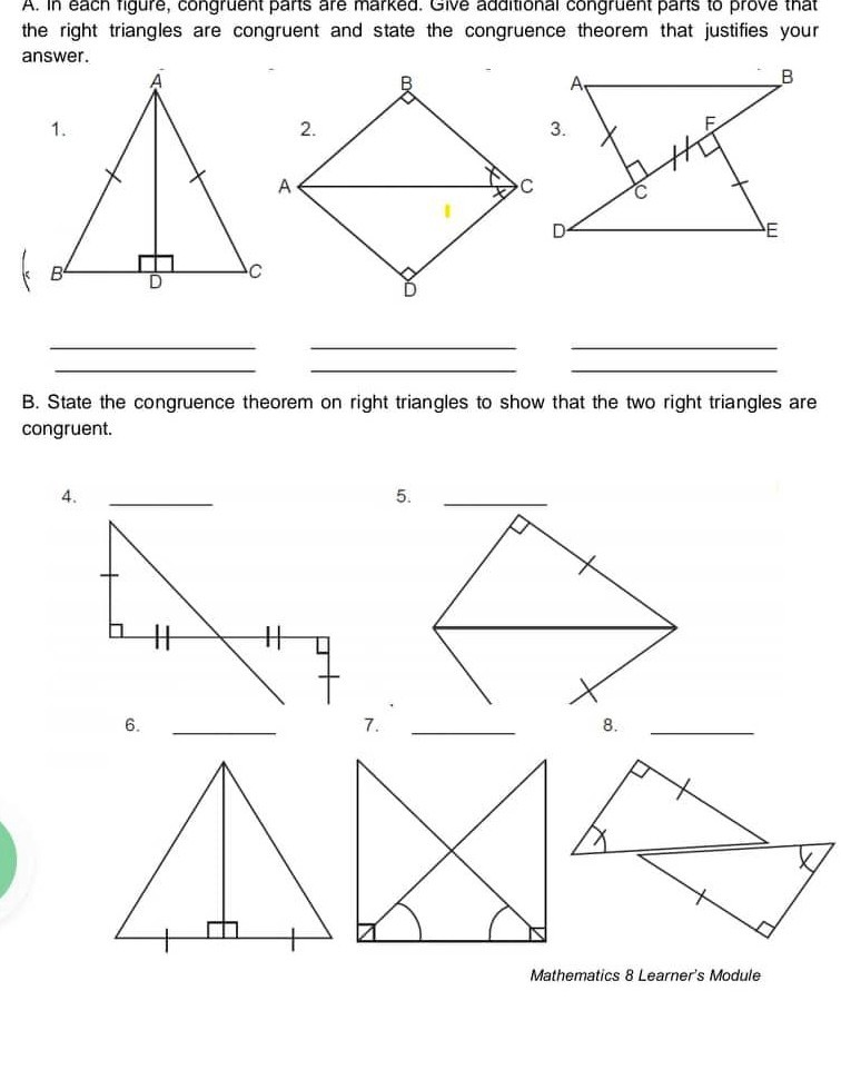 the right triangles are congruent and state the congruence theorem that ...