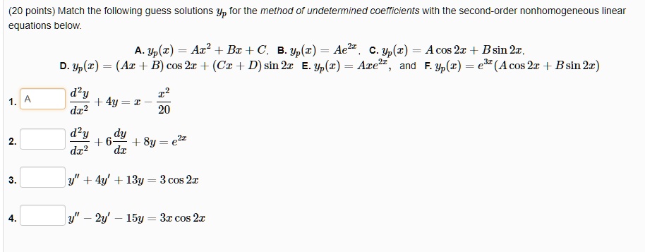 SOLVED:20 points) Match the following guess solutions yp for the method ...