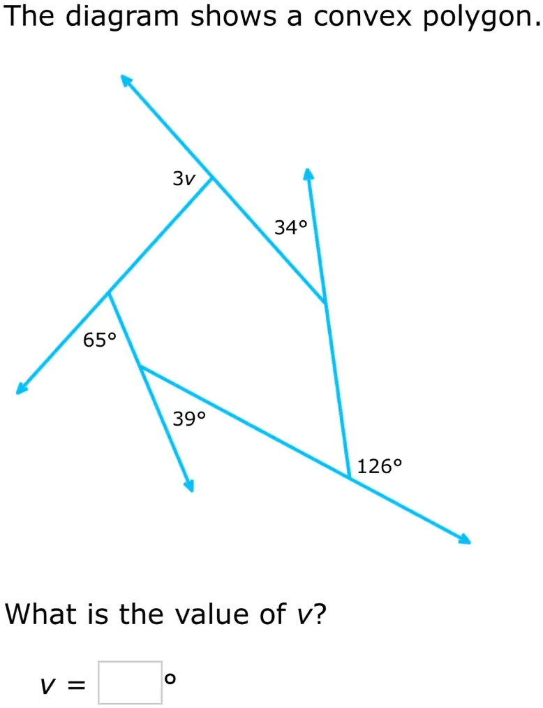 SOLVED: The diagram shows a convex polygon 3v 340 650 390 1260 What is the value of v?