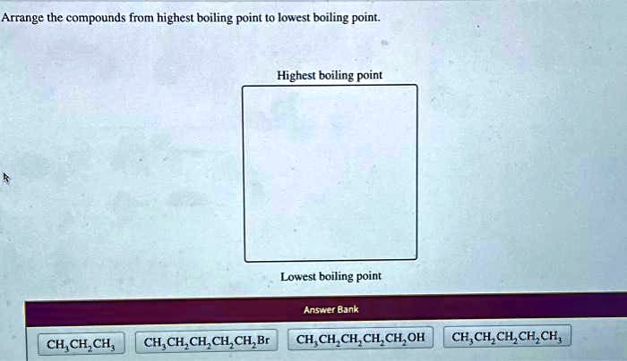 Arrange the compounds from highest boiling point to lowest boiling point: Highest boiling point ...