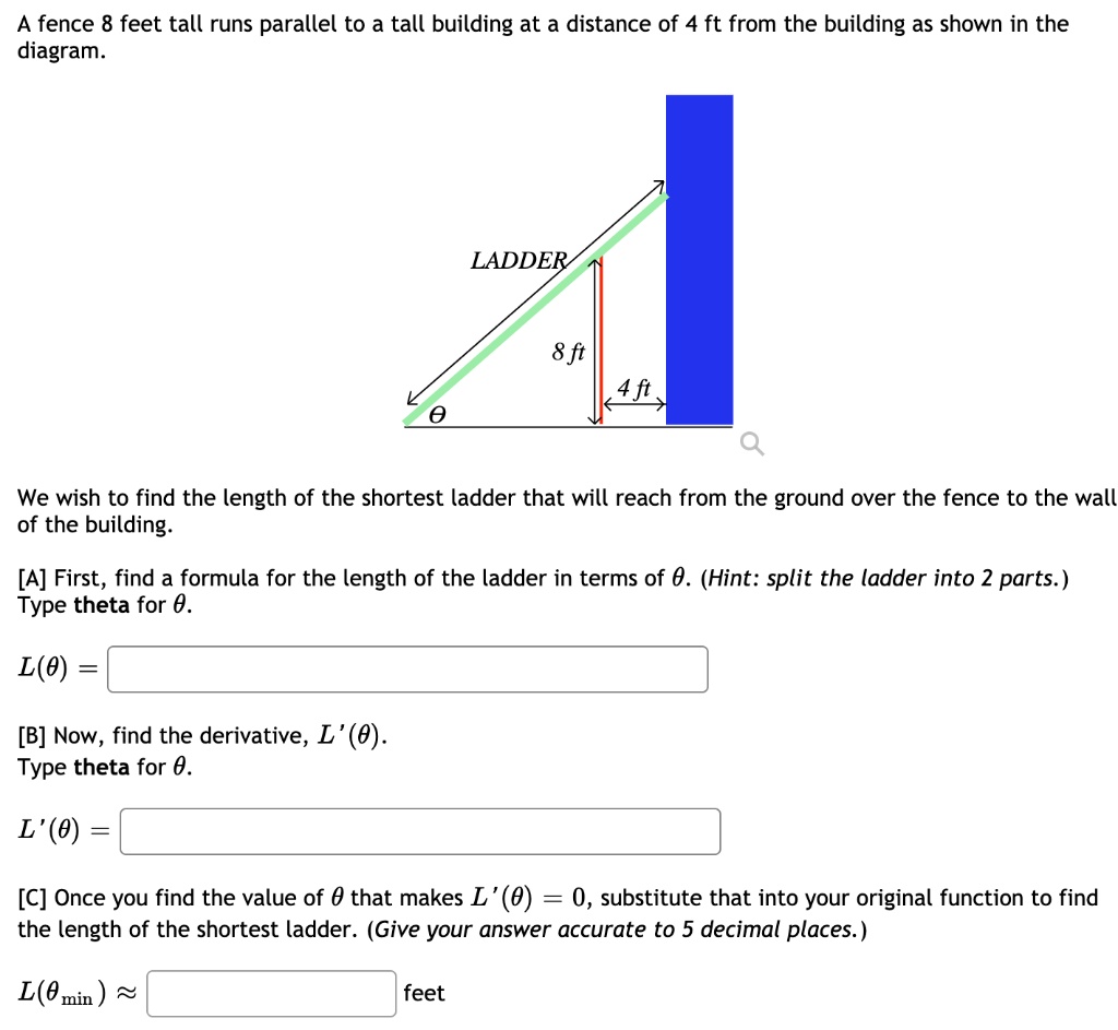 a fence 8 feet tall runs parallel to a tall building at a distance of 4 ...