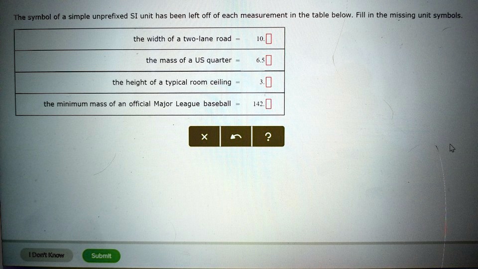 SOLVED: The symbol of the simple unprefixed SI unit has been left off of each measurement in the ...