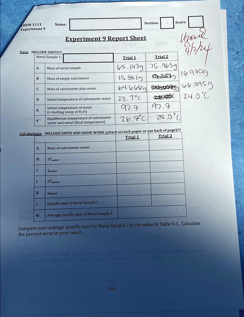 HEM 1111 Experiment 9 Experiment 9 Report Sheet Data: INCLUDE UNITS!!! Metal Sample 1: | Trial 1 ...