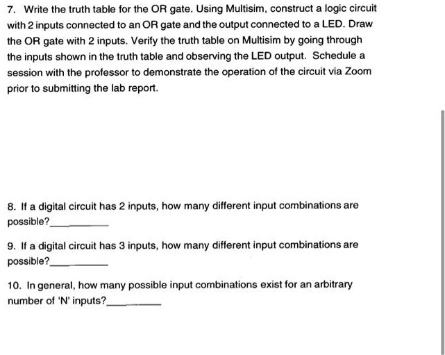 SOLVED: Write the truth table for the OR gate. Using Multisim construct a logic circuit with 2 ...