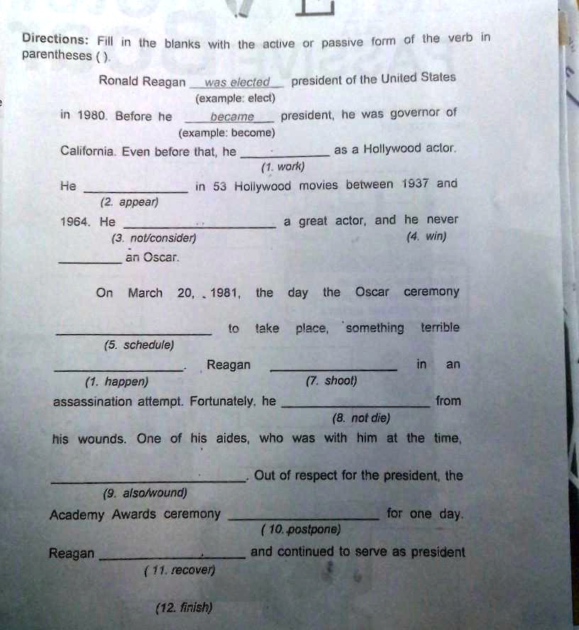 fill in the blanks with the active or passive form of the verb in ...