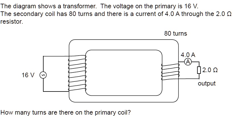The diagram shows a transformer. The voltage on the primary is 16 V ...