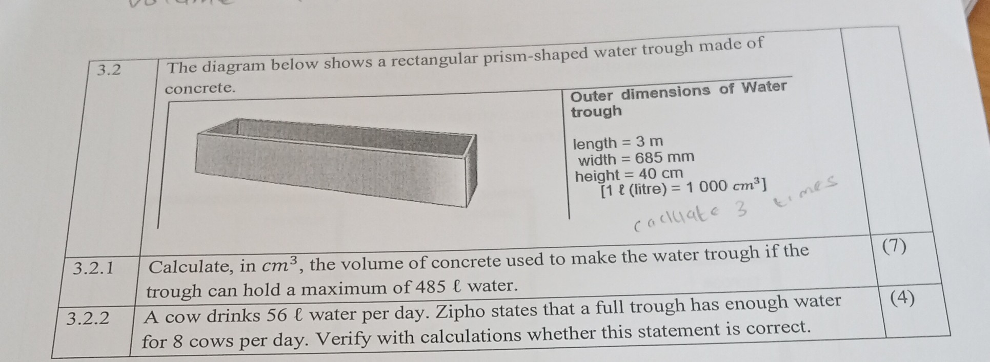 3.2 The diagram below shows a rectangular prism-shaped water trough ...