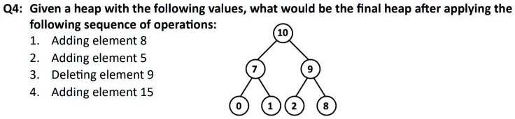 SOLVED: Q4: Given a heap with the following values, what would be the ... SOLVED: Q4: Given a heap with the following values, what would be the ...