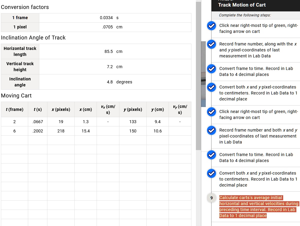 Conversion factors 1 frame 0.0334 s 1 pixel .0705 cm Inclination Angle of Track Horizontal track ...