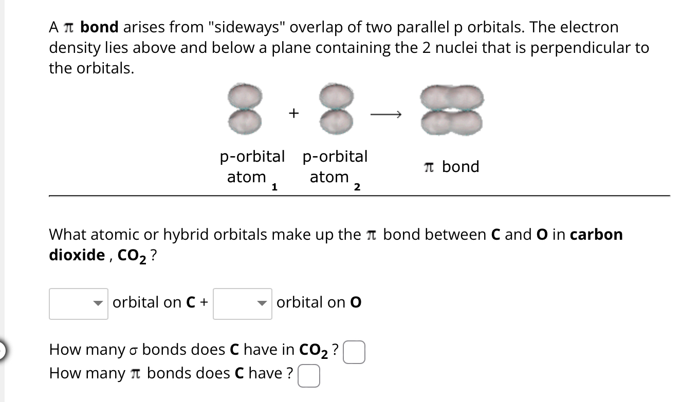 a pi bond arises from sideways overlap of two parallel p orbitals the electron density lies ...