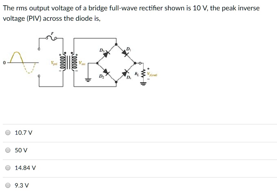 SOLVED: The rms output voltage of a bridge full-wave rectifier shown is 10 V. The peak inverse ...
