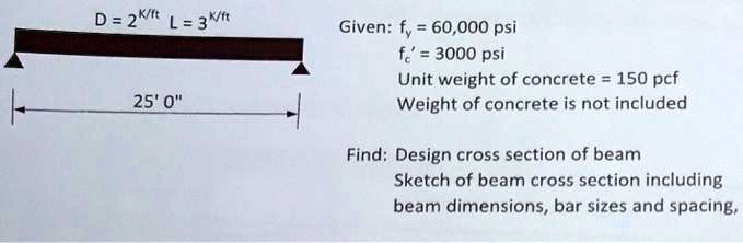 SOLVED: D = 2K/ft L = 3K/f Given f = 60,000 psi f = 3,000 psi Unit ...