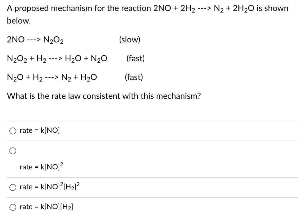 SOLVED: Proposed mechanism for the reaction 2NO + 2H2 -> N2 + 2H2O is ...
