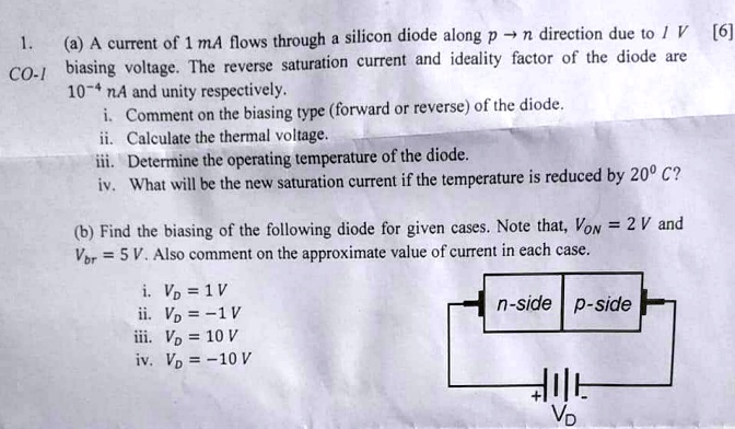 1. (a) A current of 1 mA flows through a silicon diode along p?n ...